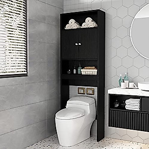 ME2 Bathroom Over The Toilet Storage Cabinet, 77'' Taller Bathroom Organizer Shelf Space-Saving Collect Cabinet with Shelves and Double Doors, Black