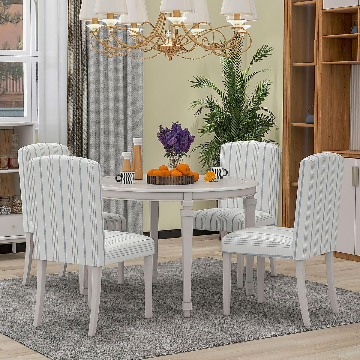 Bellemave Dining Table Set for 4, 5 Piece Round Kitchen Table and Chairs, Solid Wood Round Table with 4 Upholstered Chairs for Dining Room, Dinette, Breakfast Nook, White