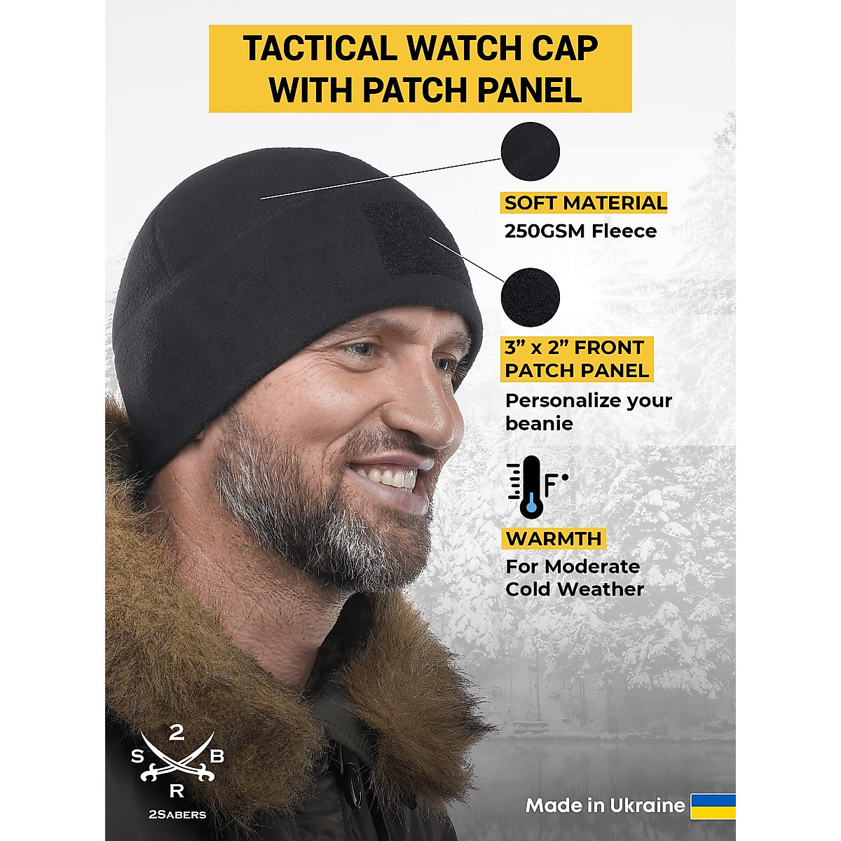 2SBR 2SABERS Tactical Winter Fleece Beanie with Patch Panel – Skull Watch Cap Hat Army