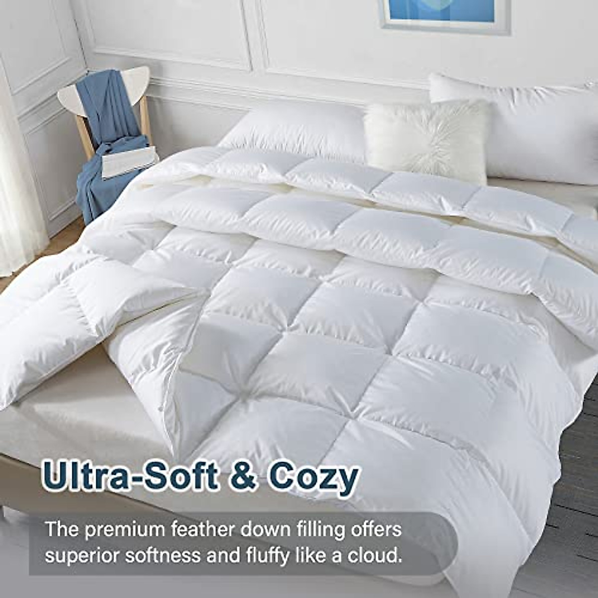 WhatsBedding Feather Down Comforter California King- All Season Luxurious Hotel Collection Bed Comforter - 100% Cotton Cover Medium Warmth Duvet Insert with Corner Tabs - 104x96 Inch
