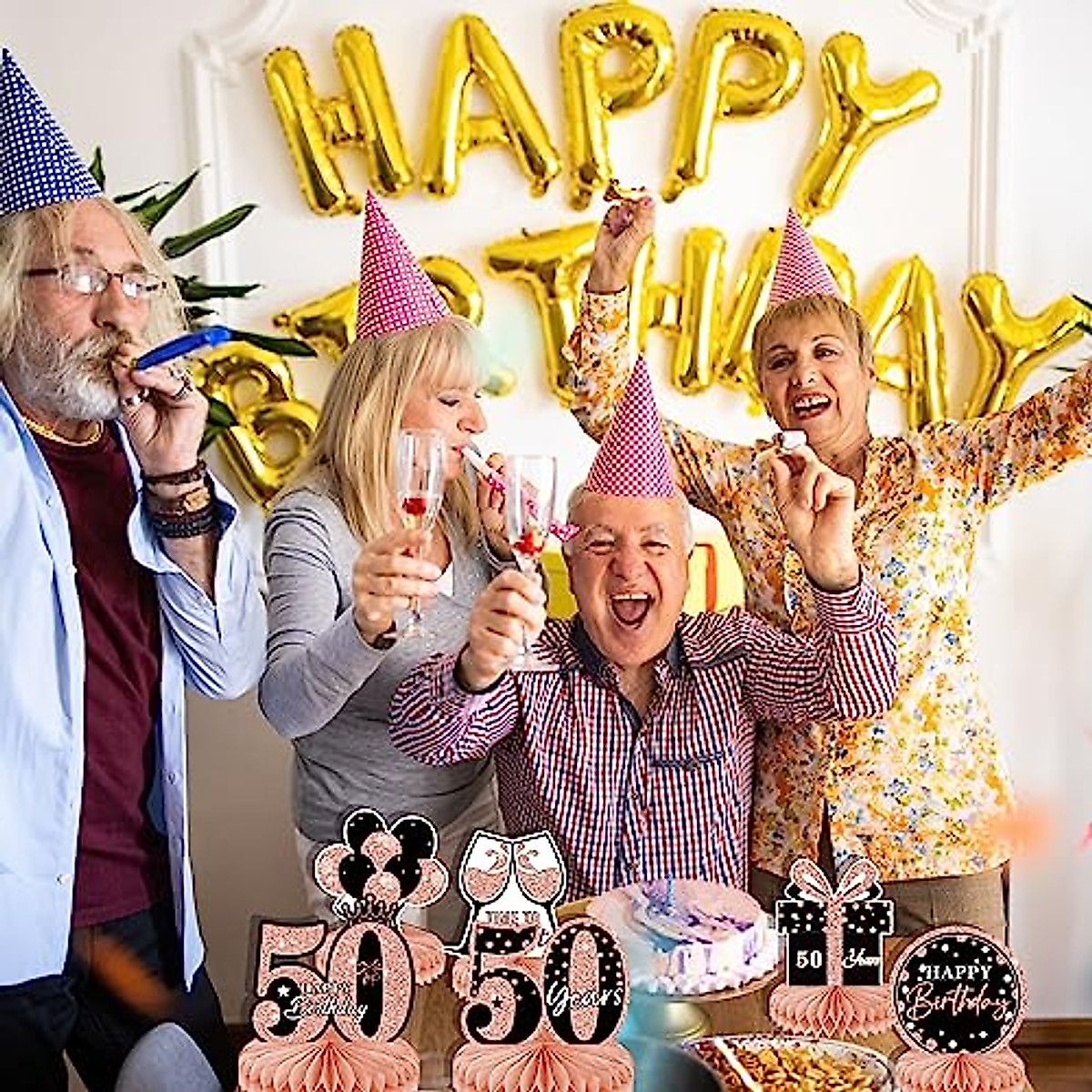 10Pcs Rose Gold 50th birthday decorations Honeycomb Centerpieces for women ，Happy 50th Birthday Centerpieces Tables Toppers Party Supplies,50th Birthday Table Sign Decor