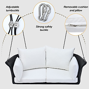 Outdoor Patio Wicker Porch Swings, 51.9" Wide 2 Person Hanging Chair Loveseat with Black Woven Rattan and White Cushions