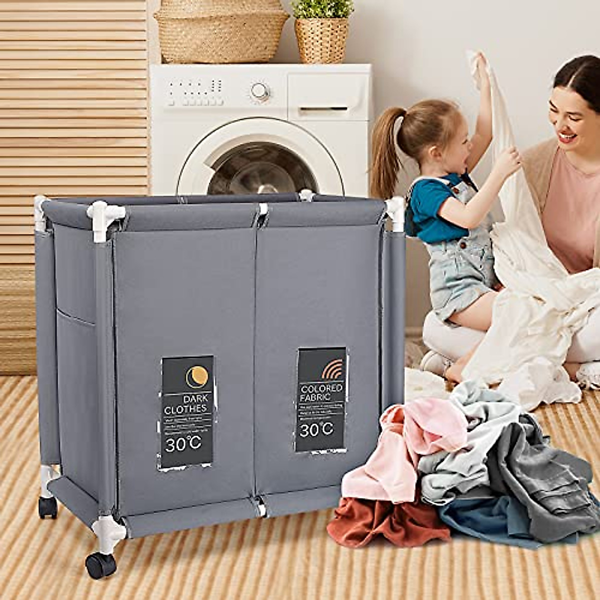 2-Tier Laundry Hamper 110L Large Oxford Clothes Basket Sorter with Rolling Wheels, Lid and Sorting Cards for Clothes & Toys Storage, Grey HG615