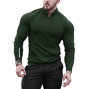Poriff Men's Active Dry-Fit Quarter Zip Long Sleeve Outdoor Running Performance Pullover Golf Workout Shirts Army Green S