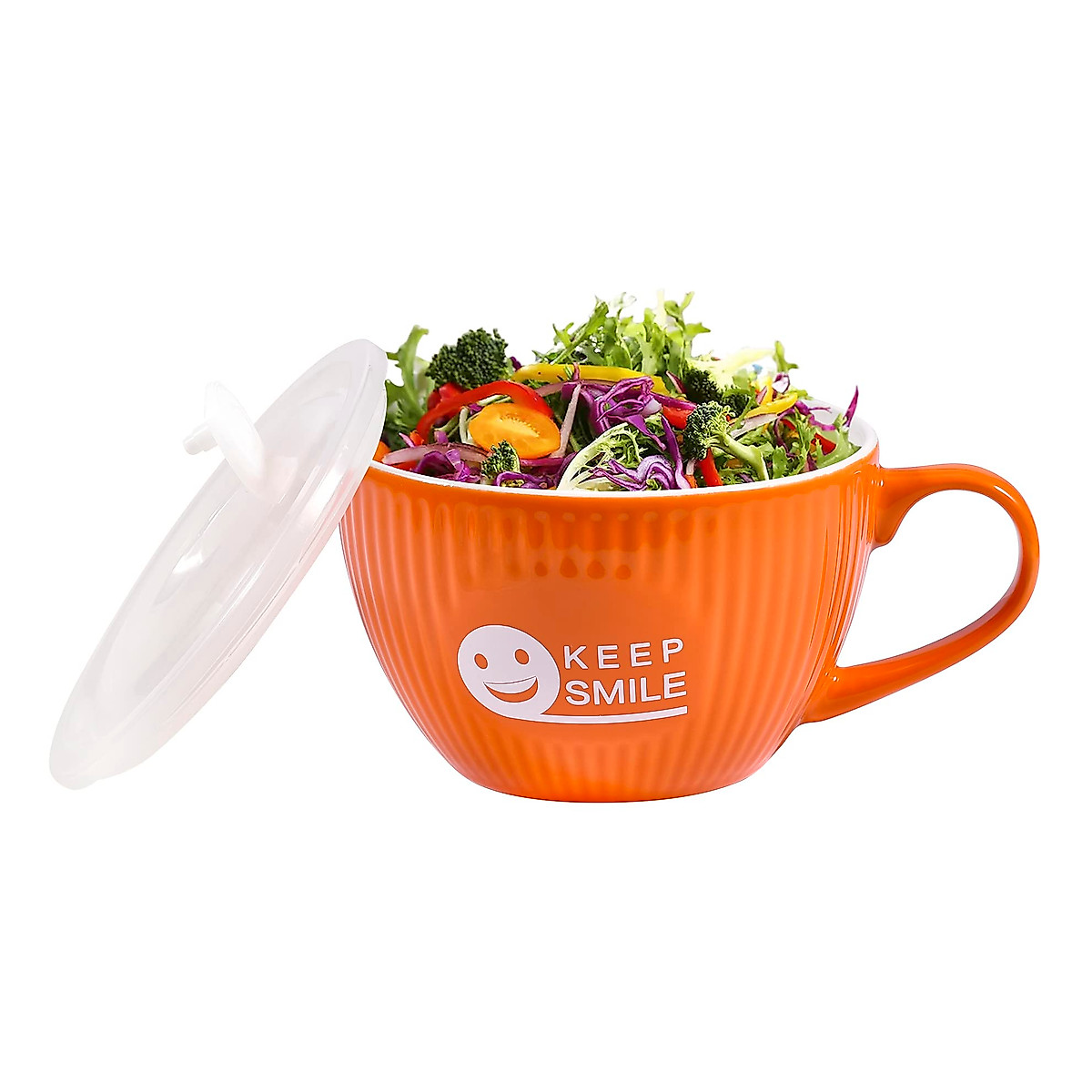 fMSDD 28oz Ceramic Meal Prep Bowl Soup Mug with Lid, Dishwasher & Microwave Safe, Lead-Free Food Container, Orange
