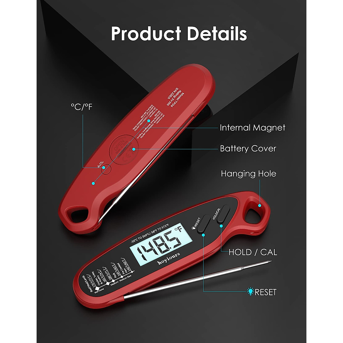 hoyiours Digital Meat Thermometer, Waterproof Instant Read Food Thermometer for Cooking with Foldable Probe, Backlight and Magnet, Kitchen Thermometer for BBQ, Roast Turkey, Grill, Baking