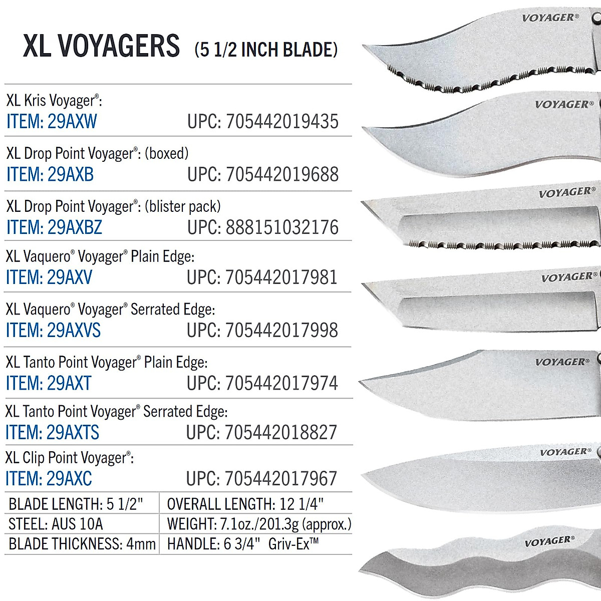 Cold Steel Extra Large Drop Point Voyager / 12 1/4" Overall / 5 1/2" Blade / 4MM Thick / 6 3/4" Long GRIV-EXHANDLE / AUS10A Steel/Ambi Belt Clip/Blister Packed,Black