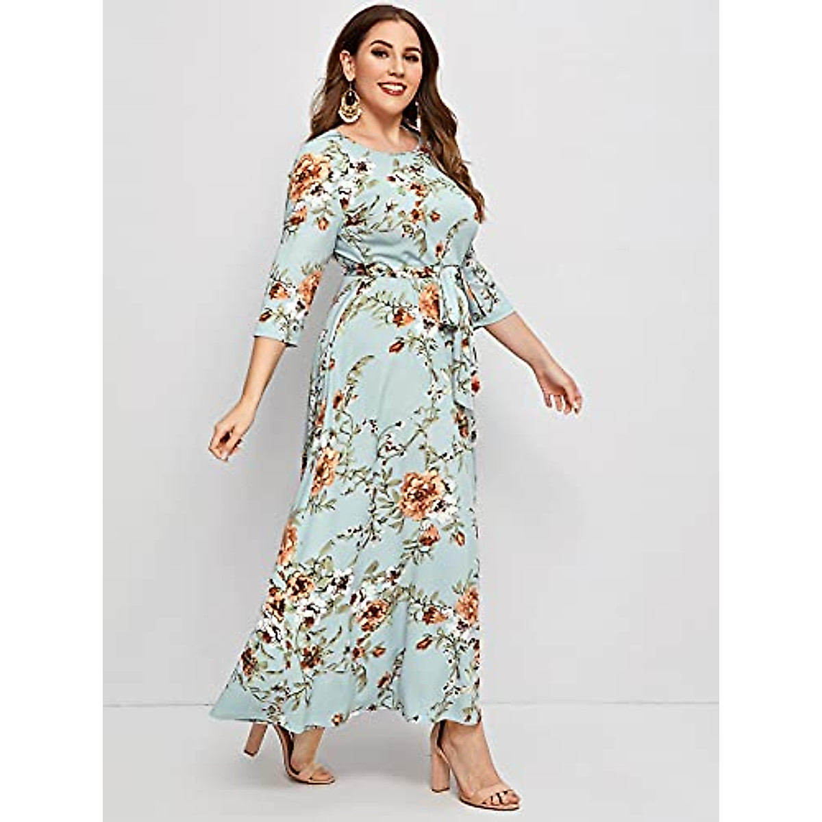 WDIRARA Women's Plus Size Floral Print Round Neck Belted A Line Flared Dress Mint Green 1XL