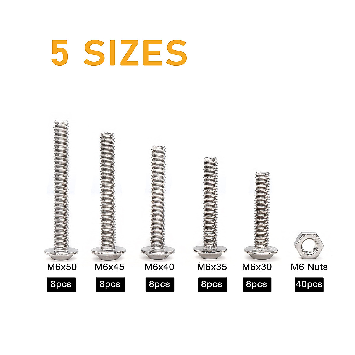 80pcs M6 x 30mm/ 35mm/ 40mm/ 45mm/ 50mm Flanged Button Head Hex Socket Cap Screws Nuts Assortment Kit, 80pcs, Allen Socket Drive, A2-70/18-8/304 Stainless Steel, Full Thread, Plain Finish