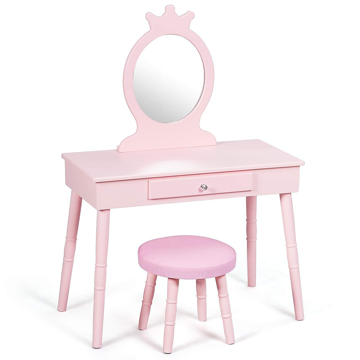 GOFLAME Kids Vanity Set, Princess Dressing Table Set, Wooden Dresser, Little Girls Makeup Table and Stool Set, Pretend Beauty Play Set with Real Mirror, Pull-Out Drawer and Cushioned Stool (Pink)