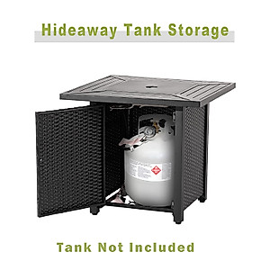 COSIEST Outdoor Metal Fire Table, 28-inch Square Black Brown Fire Pit Outdoor Companion, Auto-Ignition Fire Bowl w Imitation Wicker Base, Internal Propane Tank, Free Brown Lava Rocks