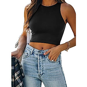 Women’s Sexy Sleeveless High Neck Racerback Cropped Tank Tops Cute Teen Girls Halter Neck Crop Tops Vest Black Small