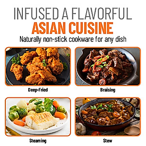 Homeries Wok Pan - 12.8" Woks and Stir Fry Pans, Carbon Steel Wok with Wooden Handle and Lid and 2 Spatulas - Non-Stick Flat Bottom Wok Frying Pan Suitable for Electric, Induction, and Gas Stoves