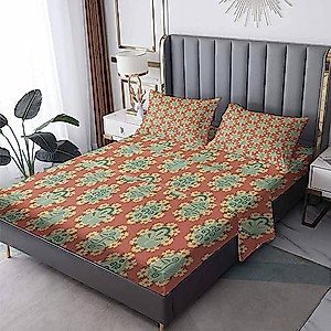 Flower Sheets Full Size, Retro Bed Sheets, Patterned Bedding Sheets & Pillowcases 4 Piece Set - Soft Microfiber Deep Pocket Fitted Sheet & Flat Sheet & 2 Pillow Cases F3-&-184