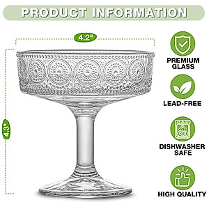 Mfacoy Vintage Coupe Glasses Set of 4, 7 oz Embossed Floral Martini Glasses, Unique Cocktail Galssware, Bar Drinking Glasses Set Pefect for Champagne, Cocktail, Martini, Wine & Gift