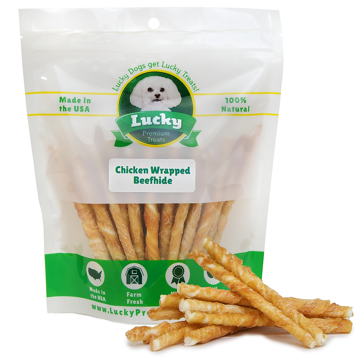 Lucky Premium Treats Chicken Wrapped Rawhide Dog Treats – USA Made Raw Hide Sticks for Small & Toy Size Dog Breeds – Long Lasting, Preservative Free Chew Sticks – 120 Count