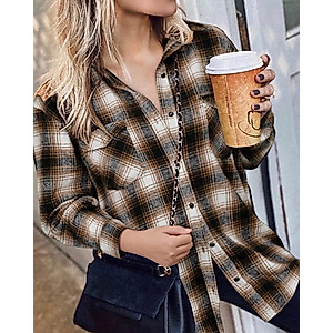 BTFBM Womens Plaid Jacket Long Sleeve Button Down Casual Flannel Shacket Shirts Loose Fall Spring Blouses Tops 2025(Plaid Brown, Large)