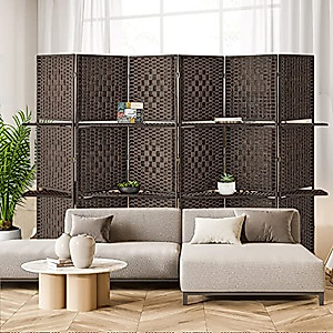 Esright 6 Panel Room Divider, 6 FT Tall&Extra Wide Weave Fiber Room Divider with Shelves, Folding Wall Dividers with Double Hinged for Room,Freestanding Room Separator, Coffee