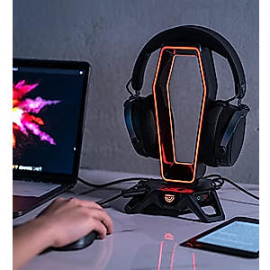 TRUSYO AUDIO THE PORTAL USB 3.0 headset stand with dual RGB lights, 3 usb charger ports, a headphone holder for wired or wireless headphones, great for gaming stations. A gaming accessory.