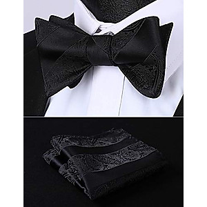 HISDERN Mens Black Bow Ties Floral Paisley Self Bow Ties for Men Formal Woven Silk Pocket Square Set with Gift Box for wedding