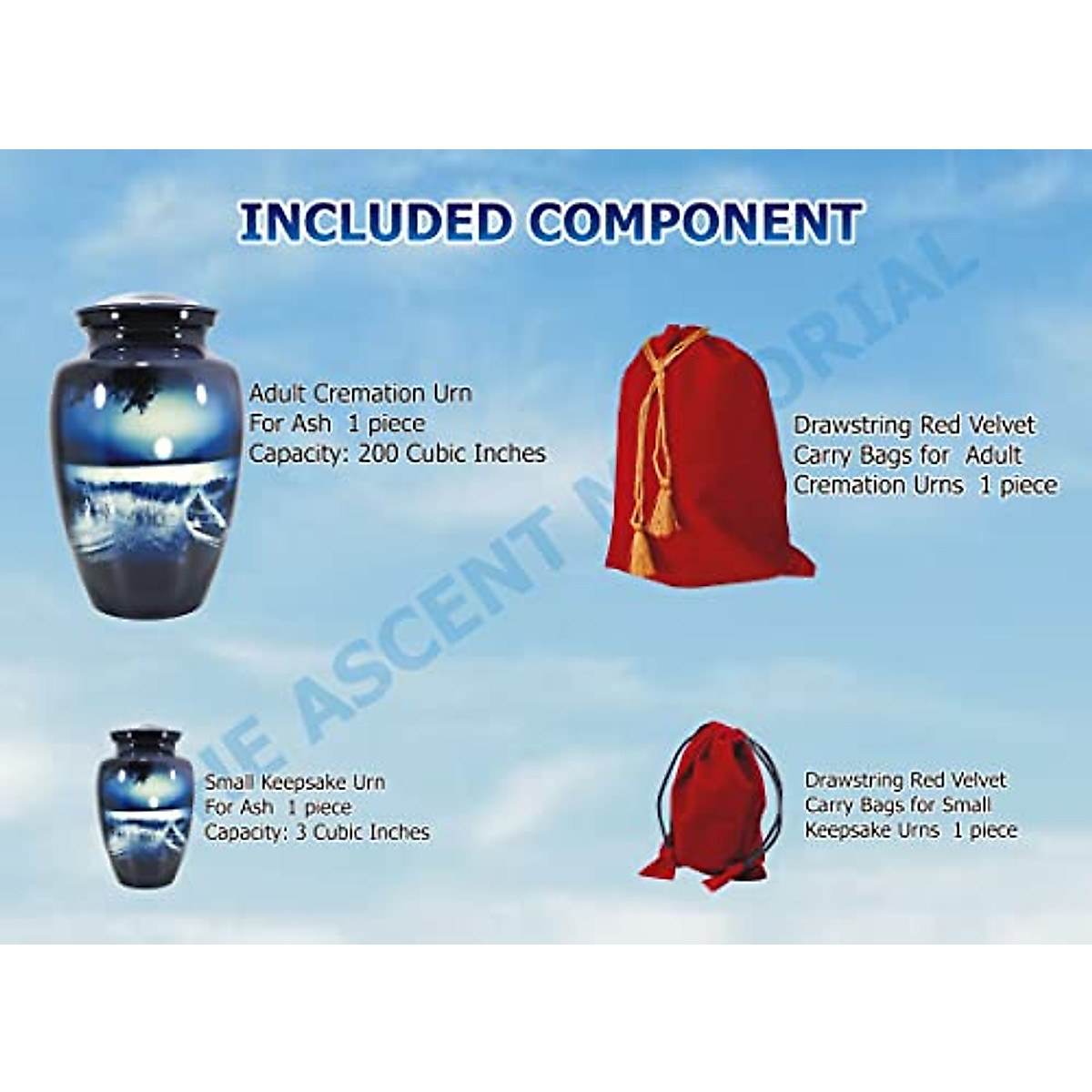 THE ASCENT MEMORIAL Urns for Human Ashes Adult Male Female | Handcrafted Large Handcrafted Funeral Cremation Urns | Complimentary Mini Keepsake Token | Velvet Carry Bags for Keepsake and Urn