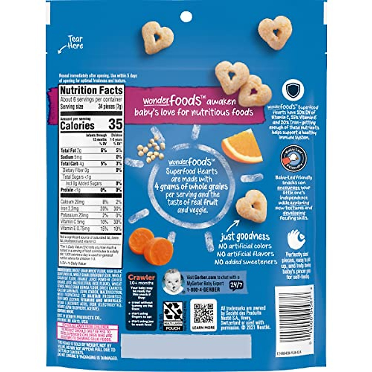 Gerber Snacks for Baby Wonder Foods Superfood Hearts Puffed Multigrain Snack, 2 Flavor Variety Pack, 1.48-Ounce Resealable Pouches (Pack of 4 Pouches)
