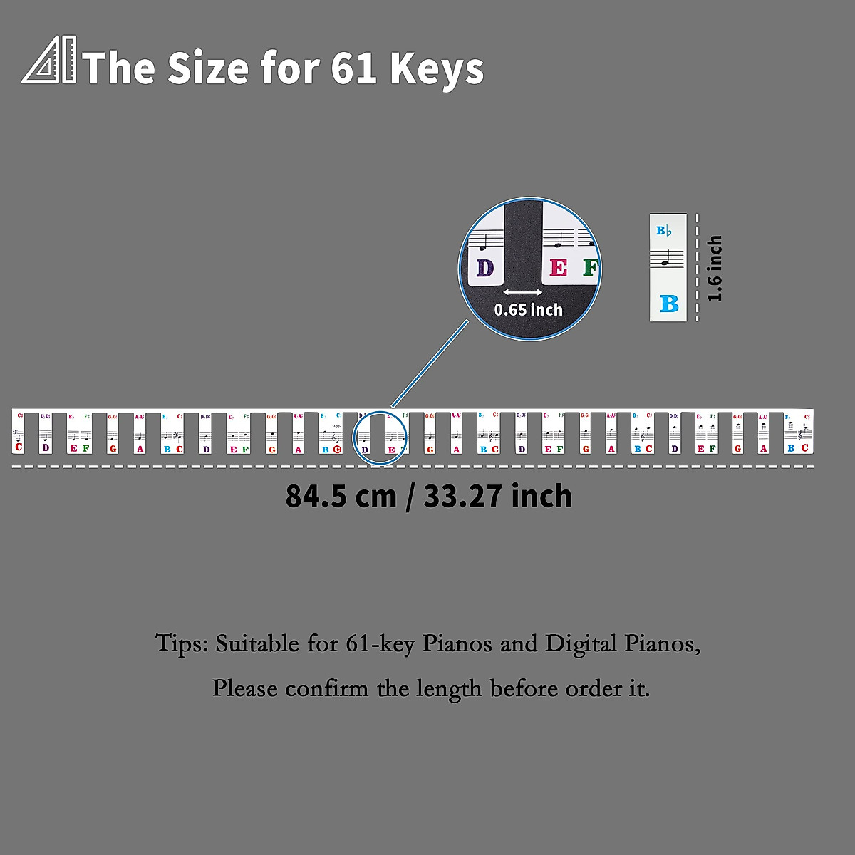 Piano Keyboard Stickers, Full-Size Piano Rake Key Labels Overlay Removable for Beginners Kids (61 Full Keys)