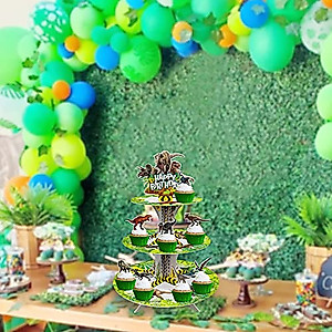 Dinosaur Cupcake Toppers 24Pcs and Dinosaur Cupcake Stand Jurassic Birthday Party Supplies Set for Kids Boys Dinosaur Theme Birthday Party Decorations 3 Tier Dino Cardboard Cupcake Stand Topper