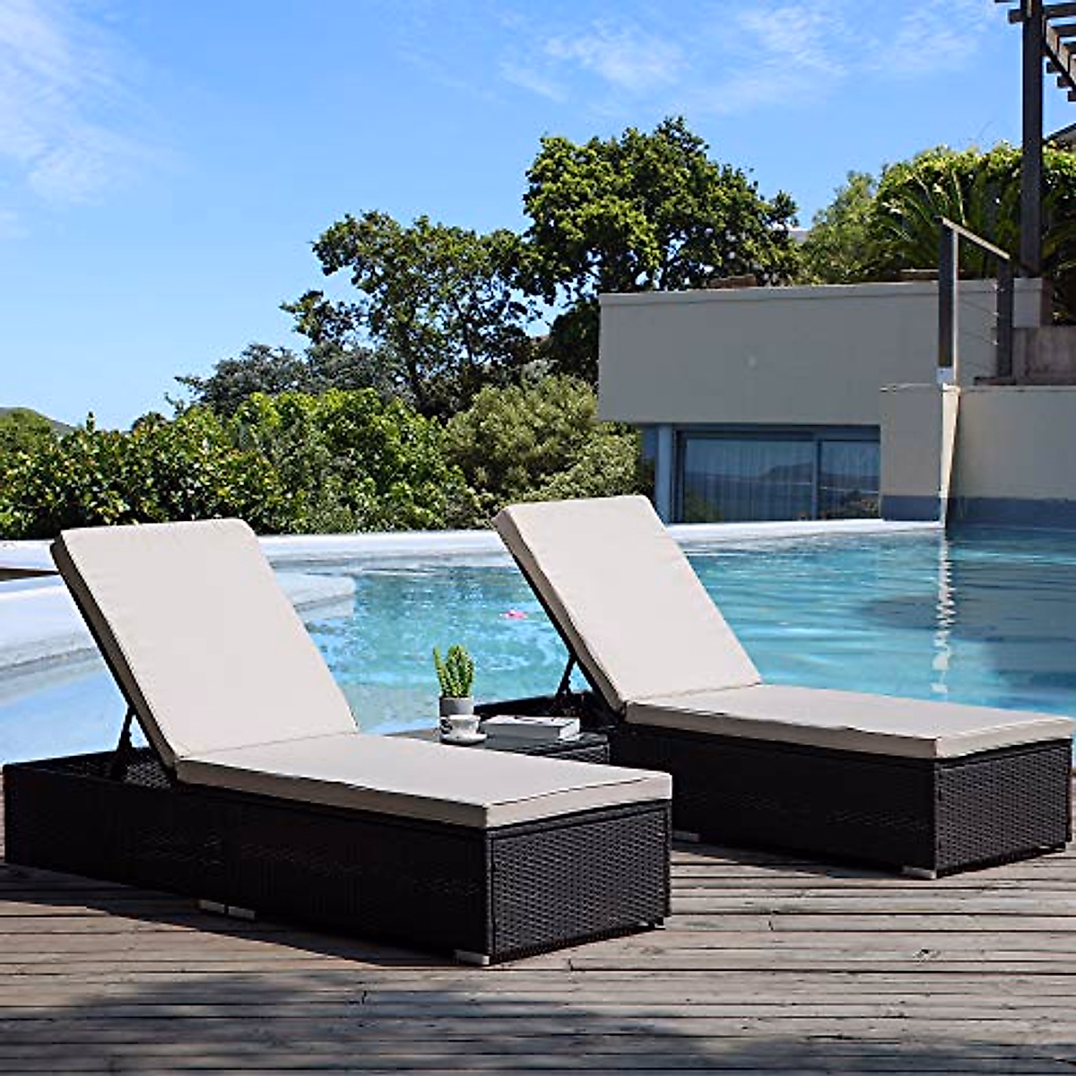 3 Pieces Patio Furniture Sets, Outdoor Patio PE Wicker Chaise Lounge Set, Reclining Adjustable Pool Rattan Chaise Lounge Chair with Coffee Table and 2 Cushions