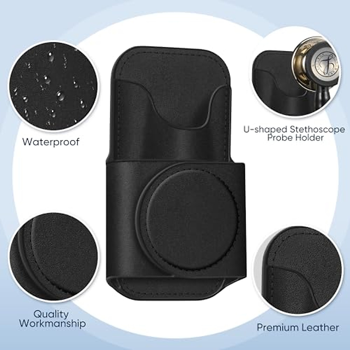 SKYREH Bundle: Stethoscope Holder Clip, PU Leather Stethoscope Hip Holder + Stethoscope Hard EVA Case Shockproof Travel Storage Bag for 3M Littmann Classic III, 3M Littmann Cardiology IV