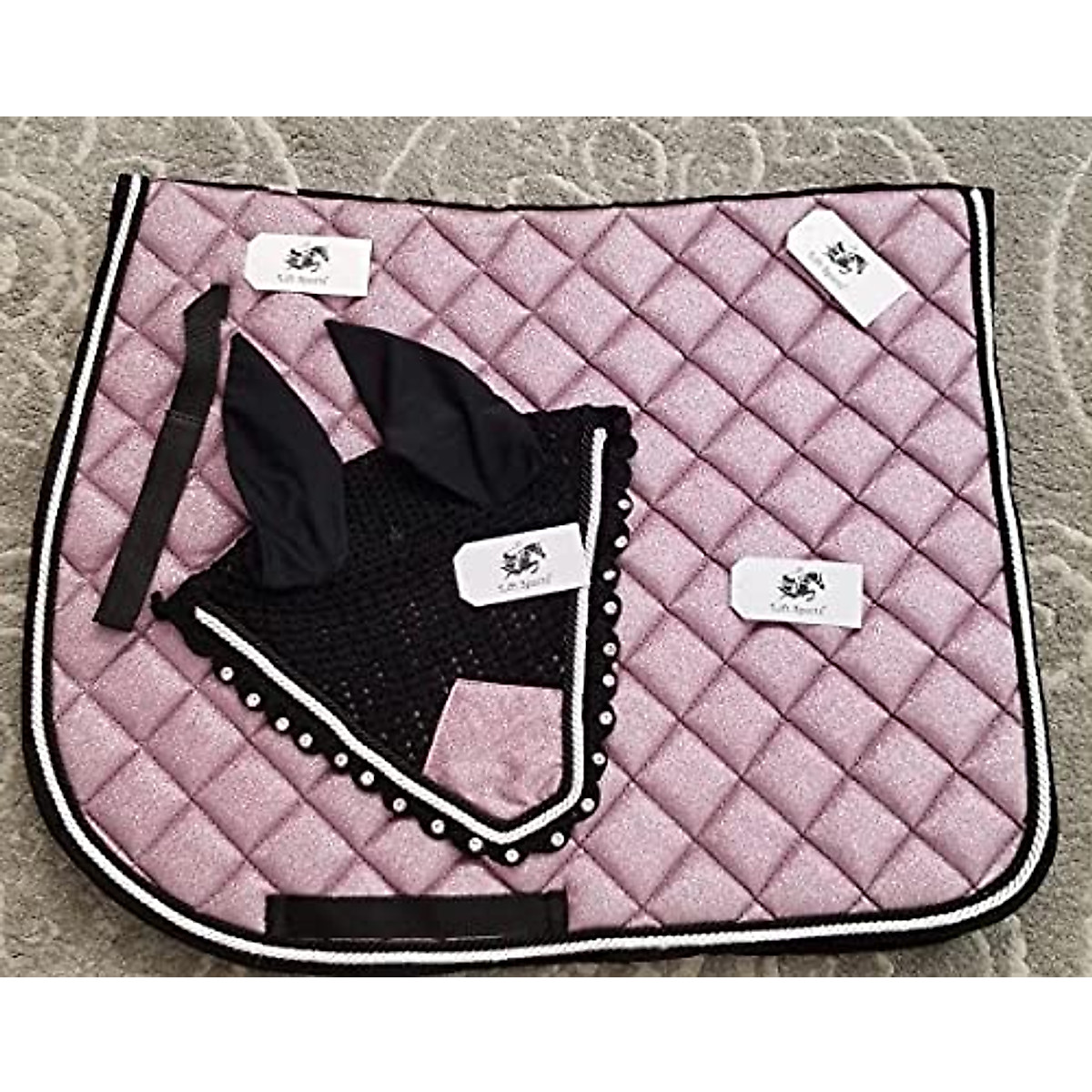 Glittery Shine Horse English Saddle Pad Set with Matching Fly Bonnet Set Ear Net Fly Veil (Rose Gold)