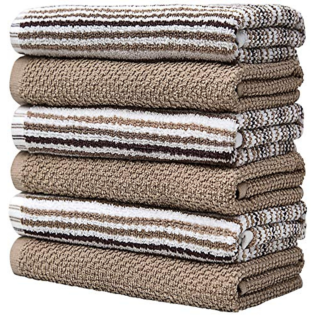 400 GSM Absorbent 6 Pack Cotton Popcorn Stripe Kitchen Towels with Hanging Loop - 16x26 Inches, Tan