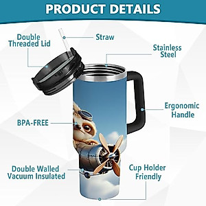 Exnundod 3d Sloth Driving Airplane Tumbler with Handle 40oz and Straw Insulated Tumblers Leak-proof Water Bottle for Car Travel