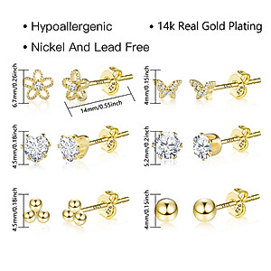 6 Pairs 14K Gold Small Stud Earrings Set for Women Cubic Zirconia Heart Ball Butterfly Flower Stud Earrings Set