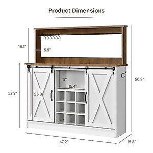 Farmhouse Coffee Bar Cabinet, 47'' Coffee Bar Station with 6 Hooks, Kitchen Coffee Bar with Hutch & 9 Wine Racks, Coffee Bars for Dining Room, White