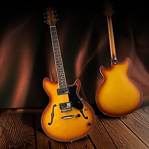 EART E-325 6 String Semi-Hollow-Body Electric Guitar, Roasted Mahogany Neck,Stainless Steel Frets, Playing Jazz,Tobacco Sunburst
