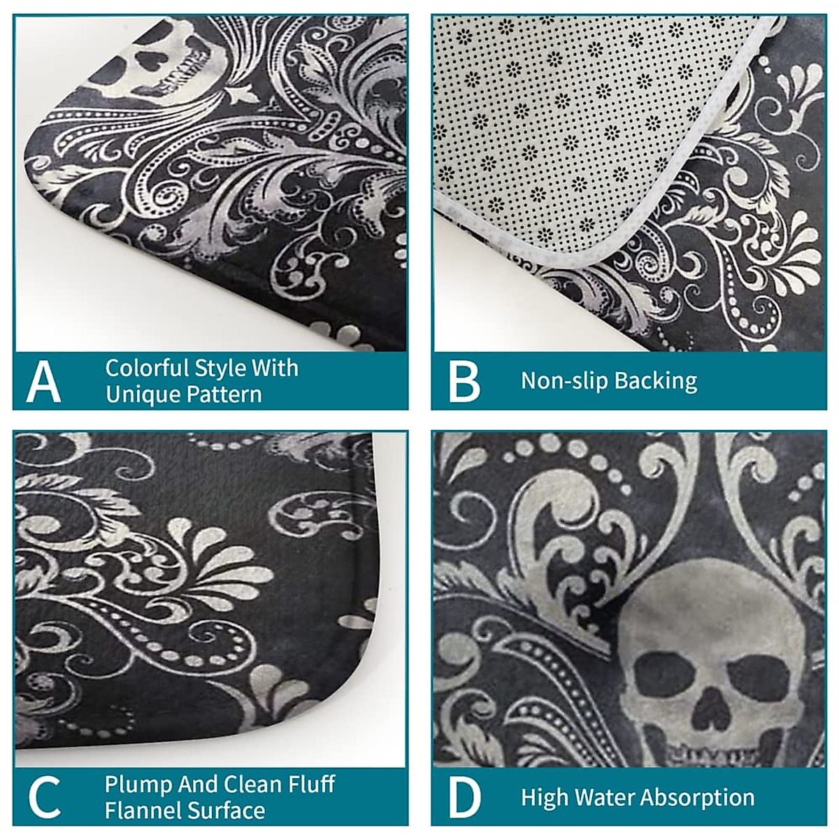 Sugar Skull Kitchen Mats 2 Pcs Anti Fatigue Halloween Skull Kitchen Floor Mats Washable Water Absorbent Gothic Skeleton Kitchen Rugs for Bathroom Laundry Sink Kitchen Standing Mat