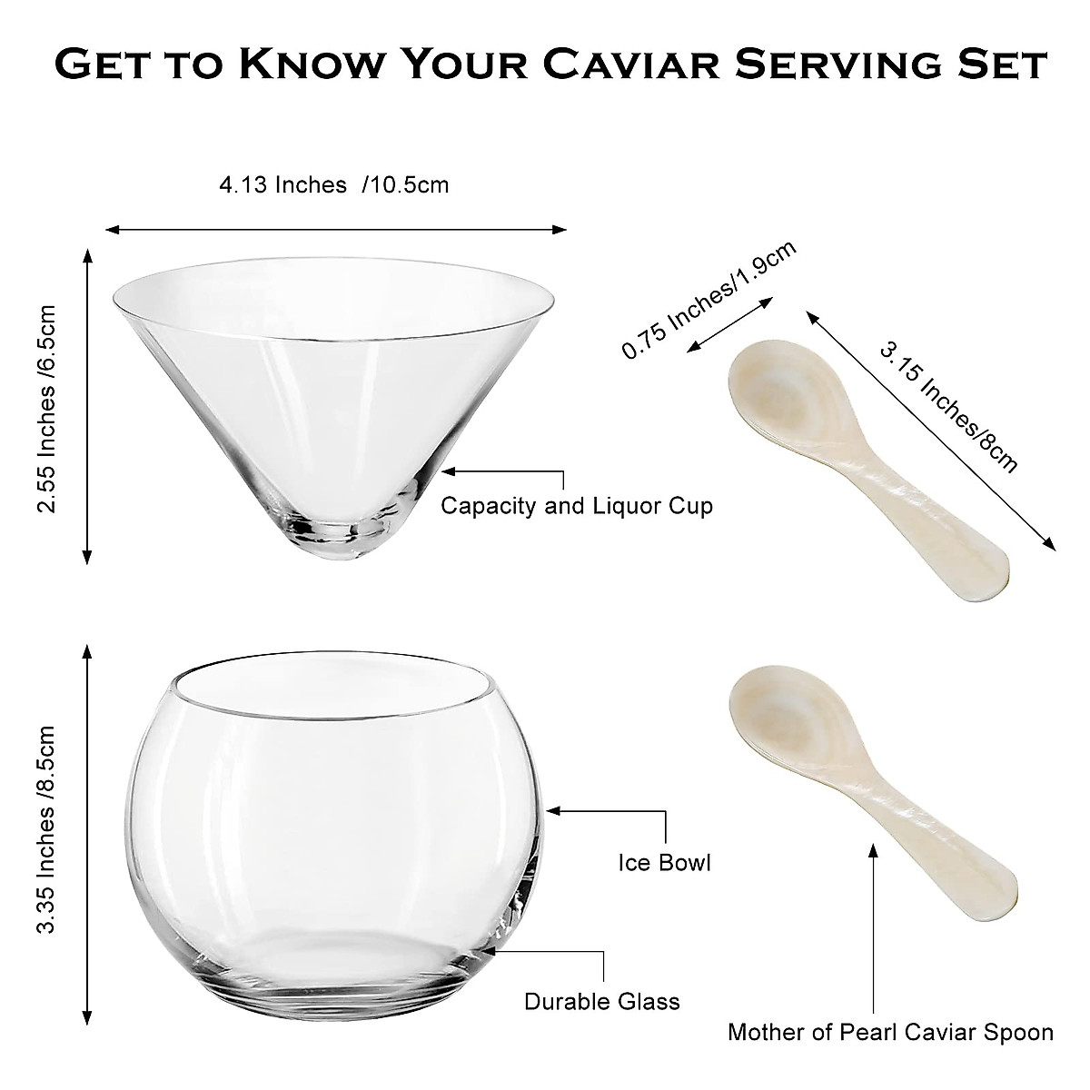 Caviar Serving Set Chiller Server Plus 6 x Hand Craft White Mother of Pearl Caviar Spoon 3" Cocktail Caviar Wine Chiller Martini Glasses
