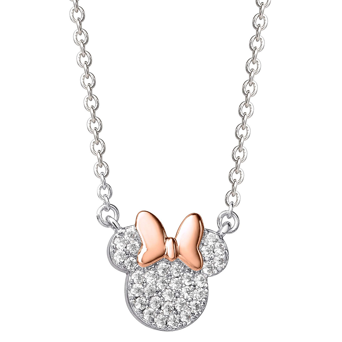 Disney Jewelry, Minnie Mouse Cubic Zirconia Pendant Necklace, Silver Plated, Pink Plated, 16+2" Extender