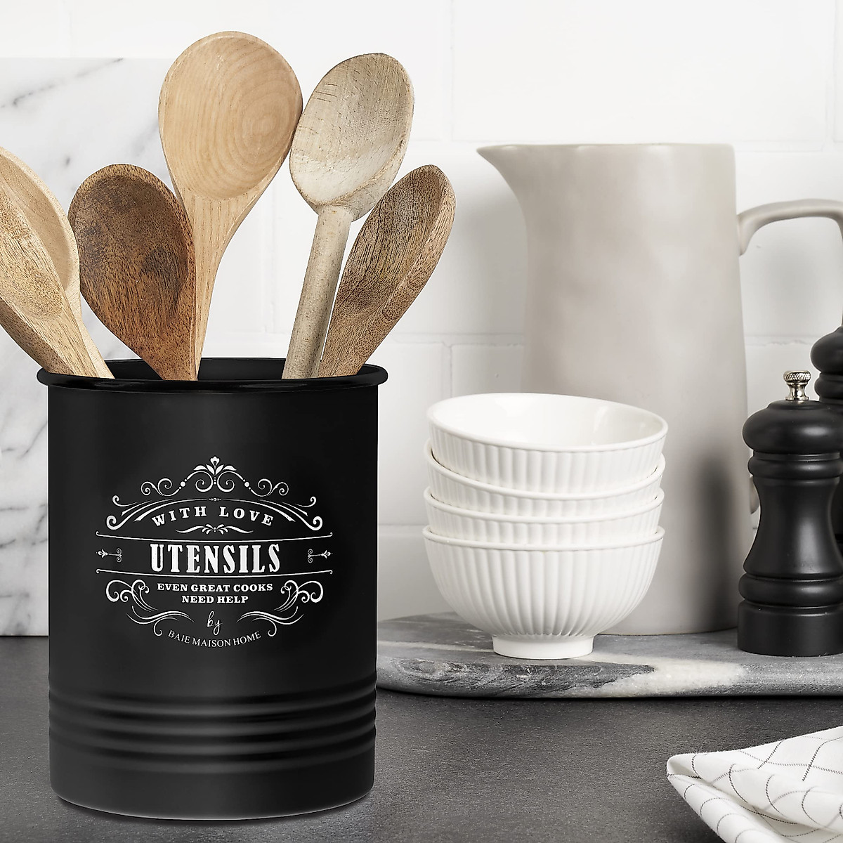 Baie Maison Large Kitchen Utensil Holder for Countertop - Farmhouse Kitchen Tools Storage Organizer Utensil Crock - Black Cooking Utensil Holder for Kitchen Counter - Utensil Caddy Jar Spatula Holder
