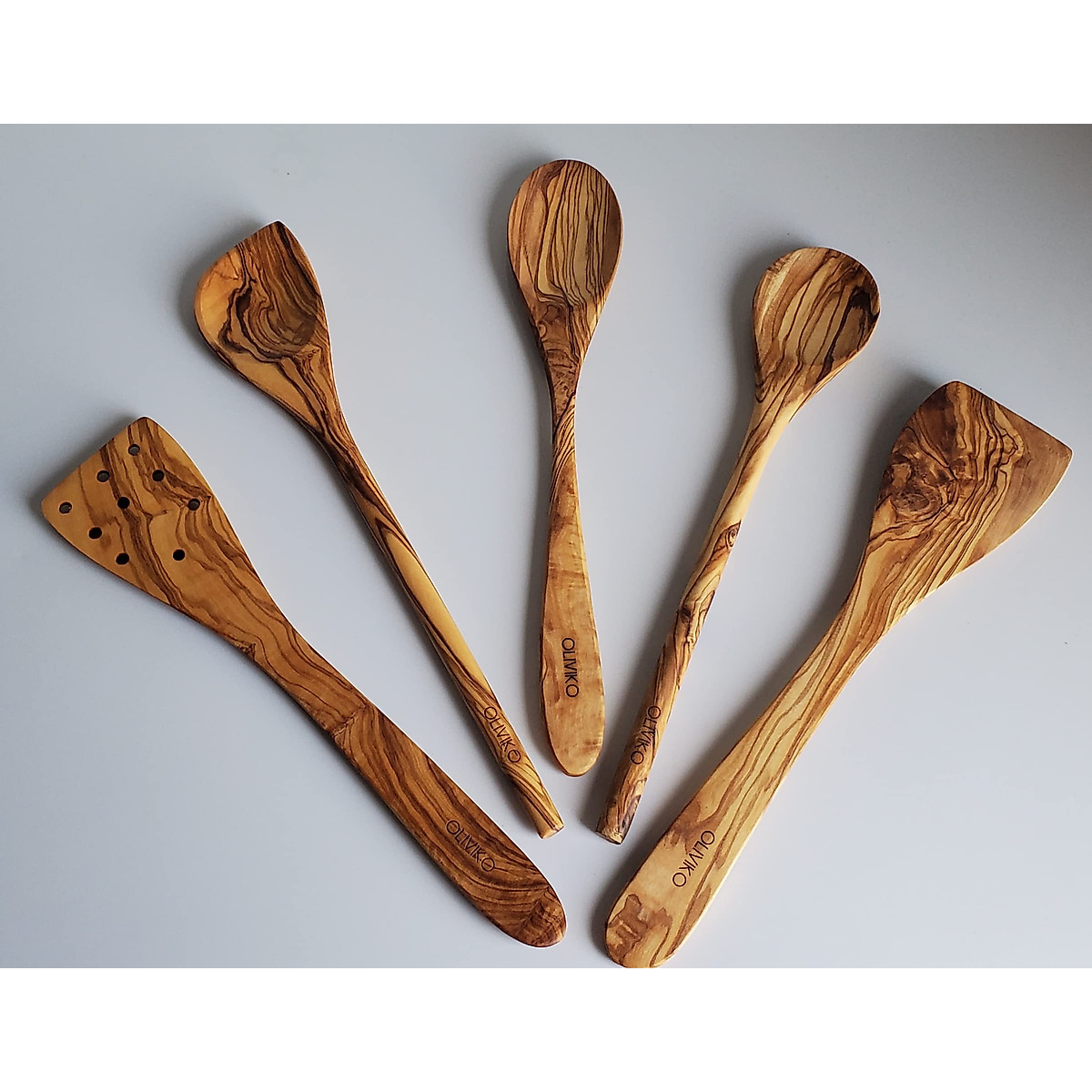 OLIVIKO Handmade Olive Wood Holder+ Utensils Kit of 5 Utensils Holder+ 2 Spatula + 3 Spoon 100% Olive Wood