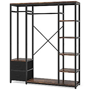 Tribesigns Freestanding Closet Organizer with 2 Drawers, 59 inch Heavy Duty Clothes Garment Rack with Shelves and Double Hanging Rod, Metal Clothing Rack Wardrobe for Bedroom, Rustic Brown