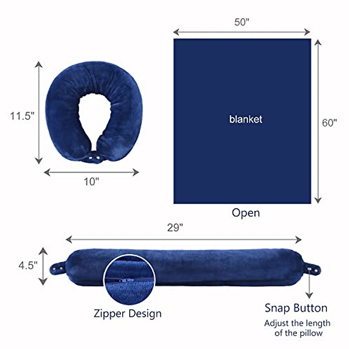 SOCHOW Travel Blanket or Neck Pillow, 2-in-1 Soft Fleece Blanket with Neck Pillowcase Sets for Airplane Car Camping and Office, Navy Blue