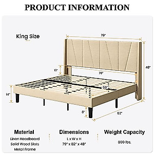 SHA CERLIN King Bed Frame, Upholstered Platform Bed with Geometric Headboard and Wingback, Wood Slat Support, No Box Spring Needed, Beige