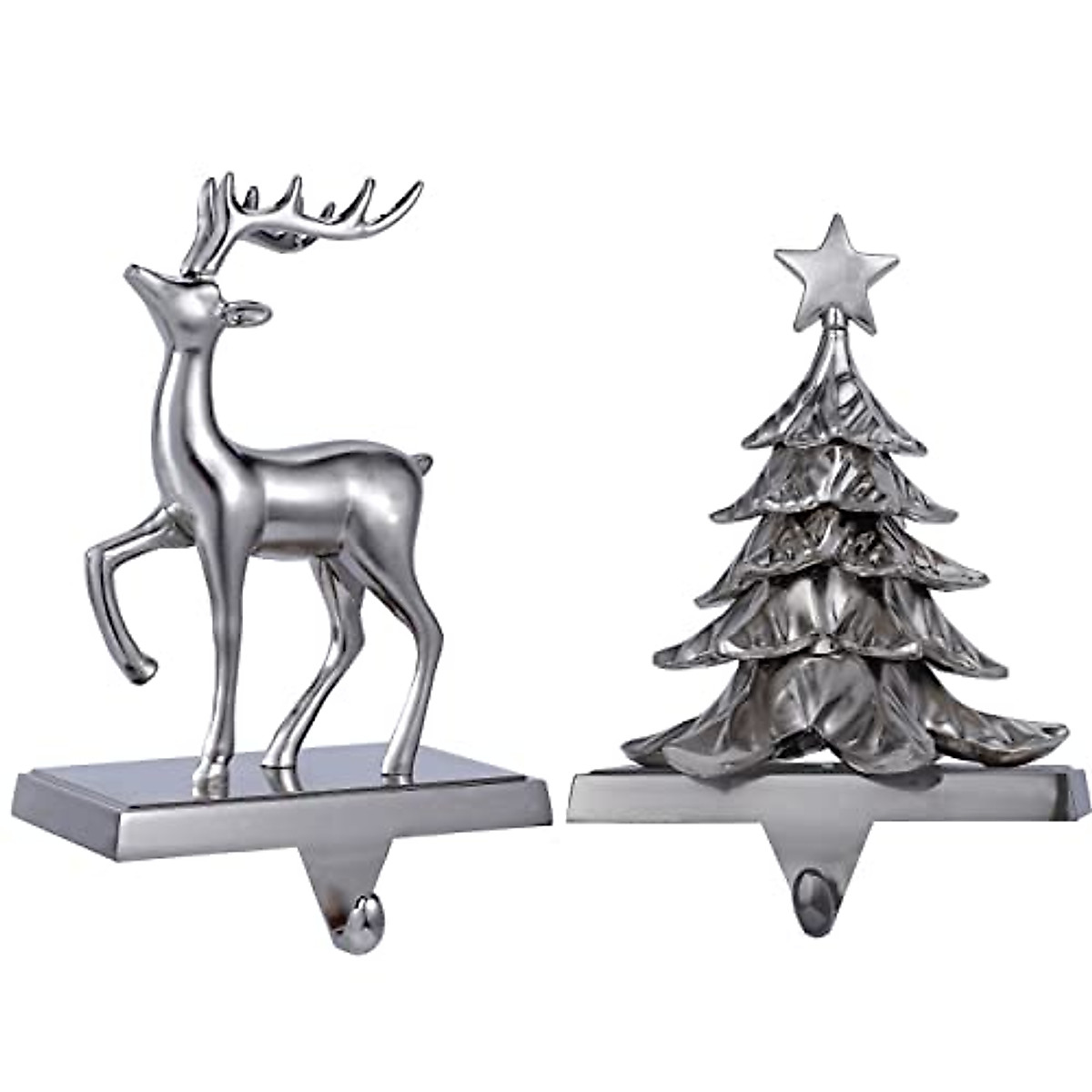 Stocking Holder Set of 2 -Tree Christmas Reindeer Stocking Hanger for Mantel -3D Metal Deer Christmas Stocking Holder for Fireplace Mantle - Heavy Stocking Holder for Mantle with Hook (Antique Silver)