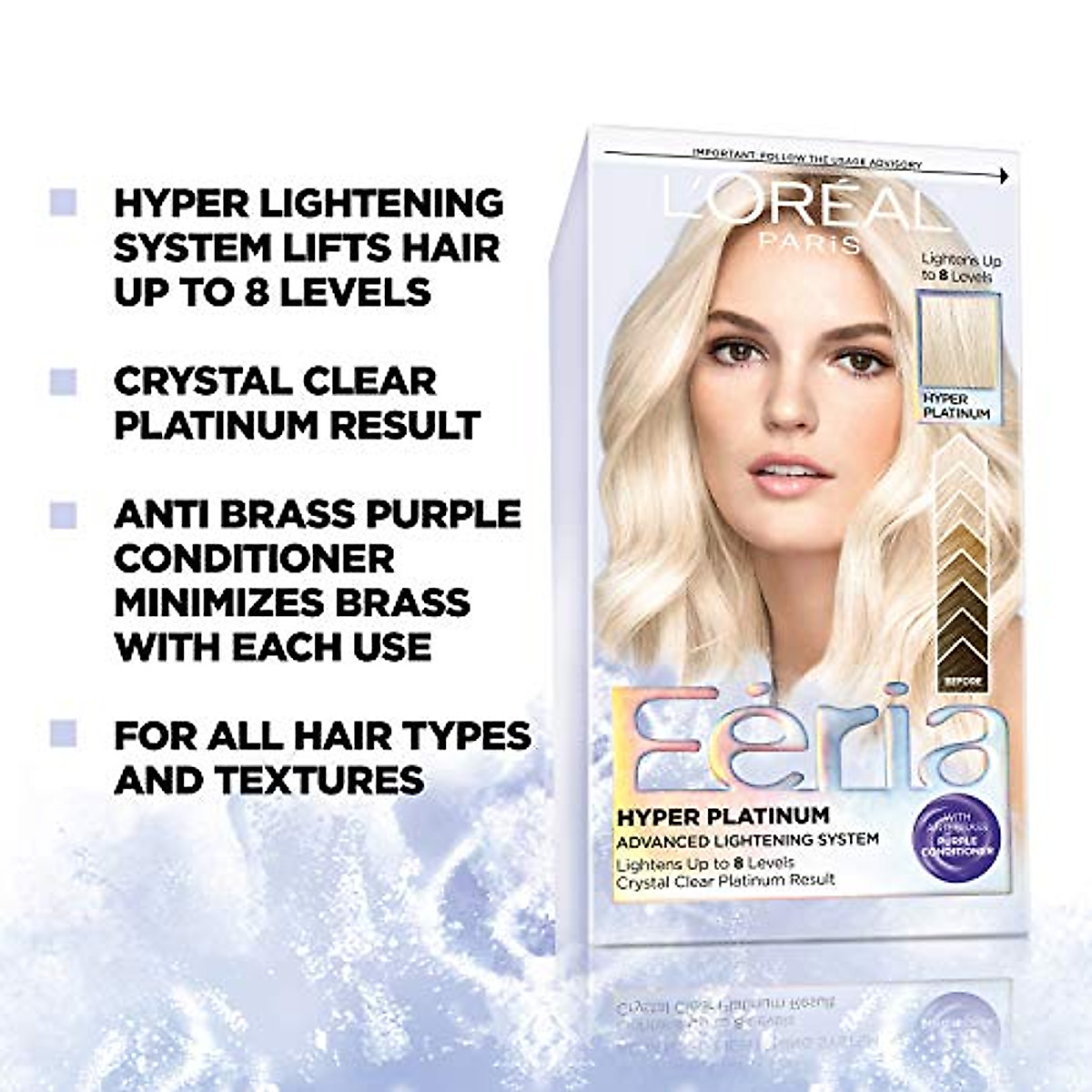 L’Oréal Paris Feria Hyper Platinum Advanced Lightening System Hair Bleach, Lifts Up To 8 Levels, Includes Anti Brass Purple Conditioner, 1 Hair Dye Kit