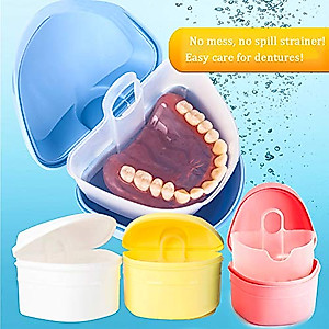 Denture Bath Box Cup, Complete Clean Care for Dentures, Clear Braces, Mouth Guard, Night Guard & Retainers,Traveling (Blue & White)