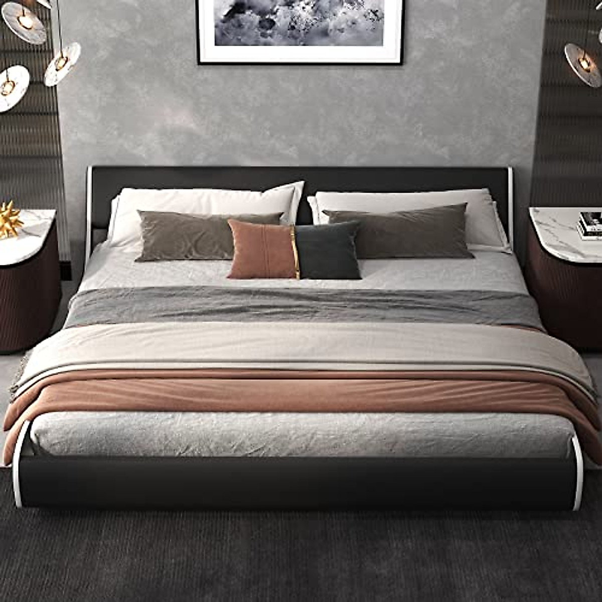 GOFLAME King Bed Frame, Modern Upholstered Platform Bed with Adjustable Headboard, Solid Wooden Slat Support, Faux Leather Luxury Reclining Bed Frame, No Box Spring Needed
