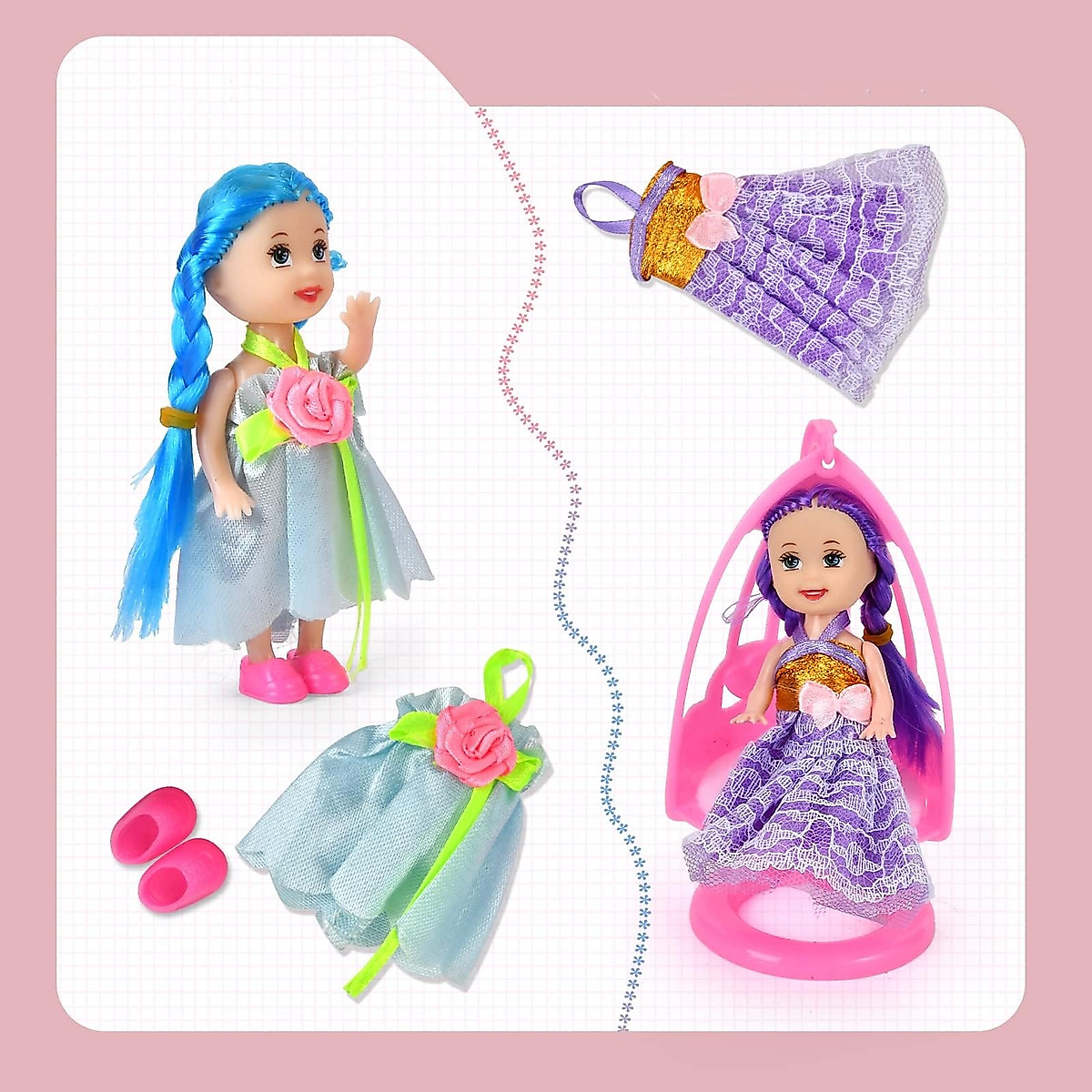 JING SHOW BUSSINESS 10 Sets Doll Clothes for 3 inch Mini Doll ，Include 10 Pieces Girl Mini Dolls, 10 Sets Handmade Doll Clothes and 10 Pairs of Doll Shoes