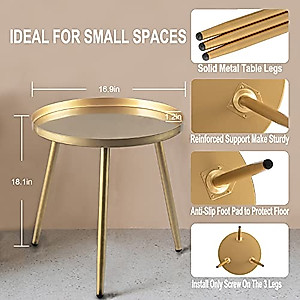 AOJEZOR Gold End Table, Ideal for Any Room-Side Tables Living Room,Bedroom, Gold Plant Stand Balcony, Metal Structure Indoor & Outdoor,Gold Tray with 3 Legs
